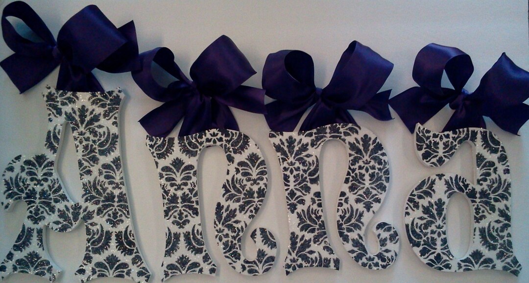 GLITTERED Black and White Damask Childrens Nursery Room Decor, Wood ...