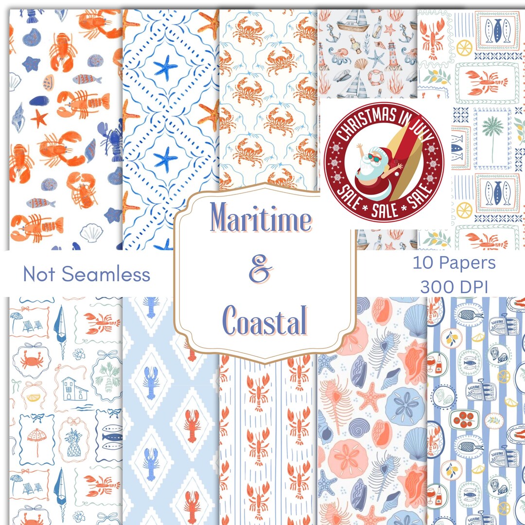 Maritime & Coastal Digital Papers, Blue Coral Nautical Patterns ...
