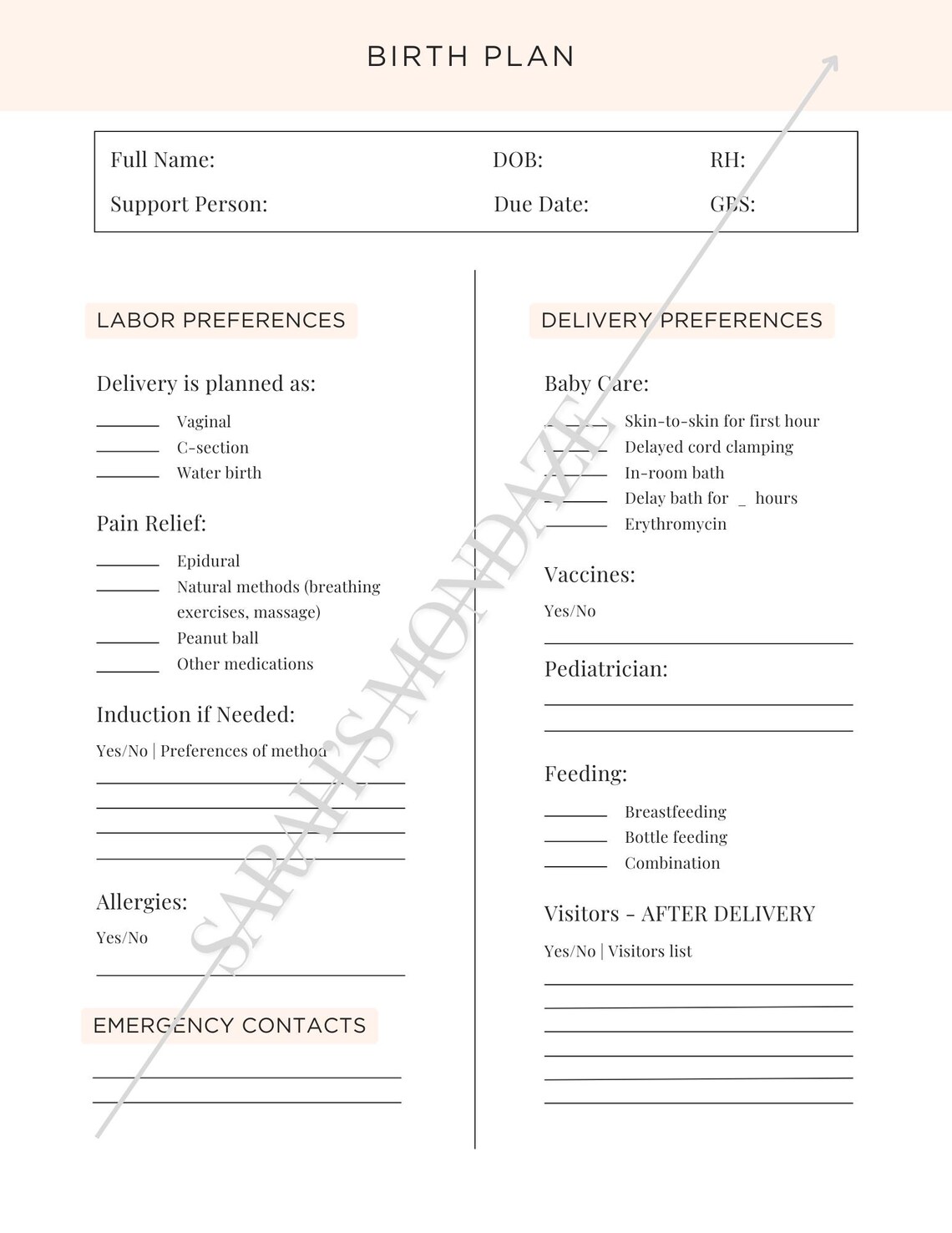 Birth Plan Printable Template - Etsy