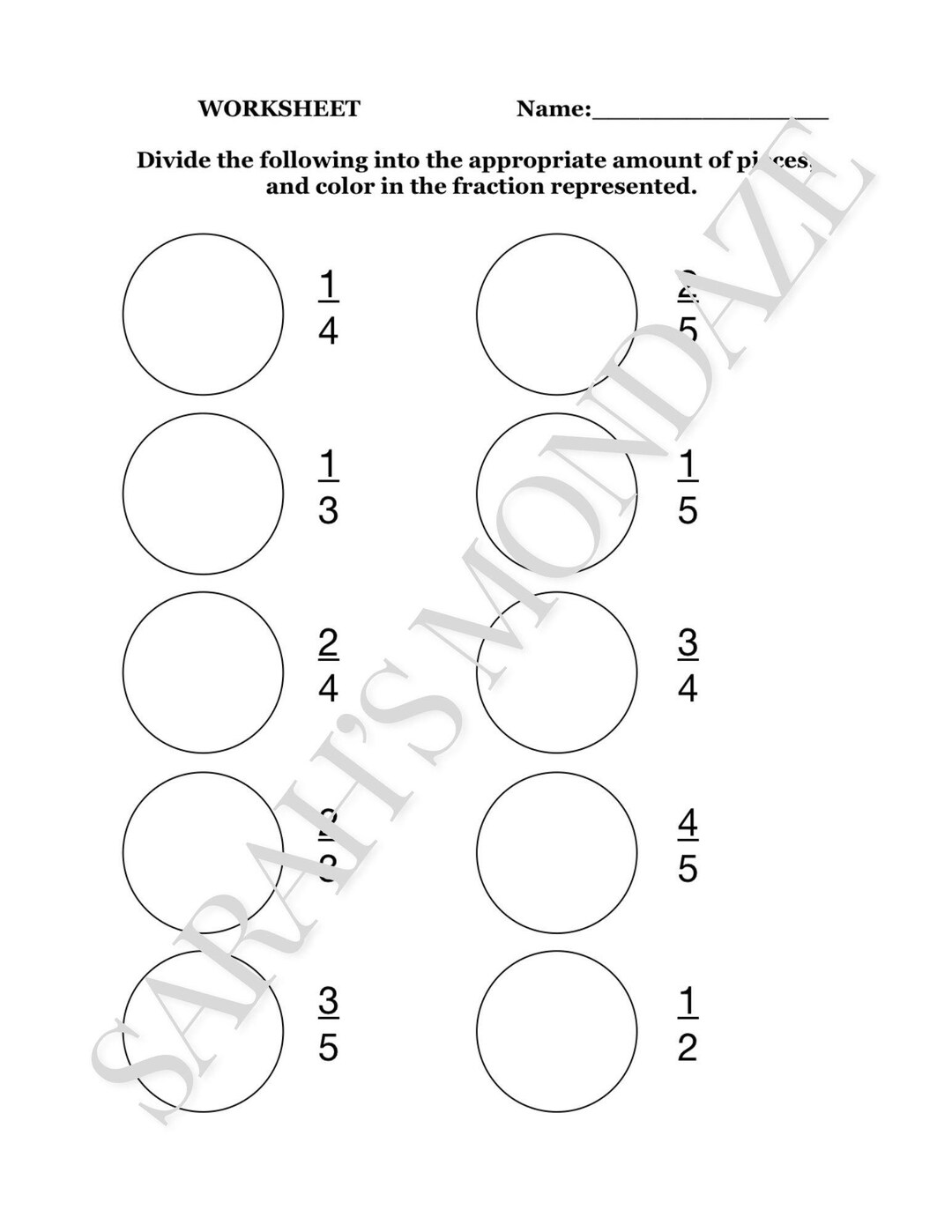 Math Worksheet Fraction Representation - Etsy