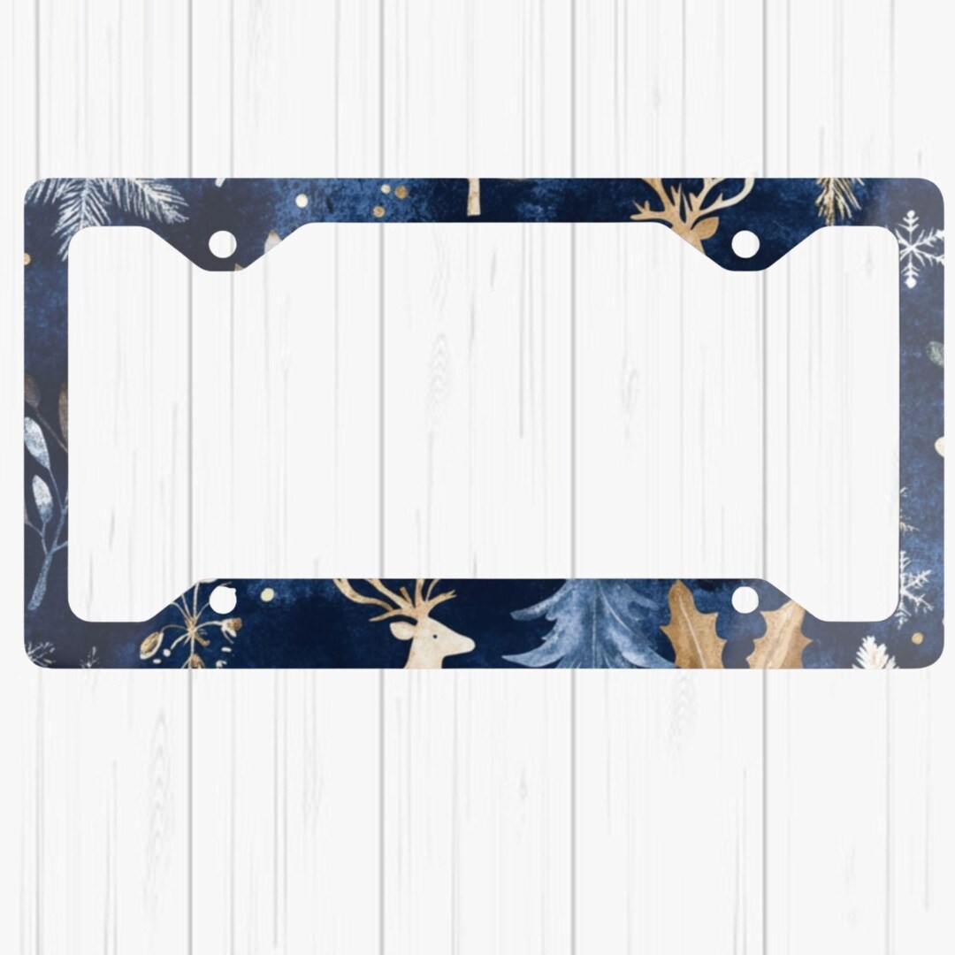Christmas License Plate Frame: Reindeer & Trees, Blue Holiday Car ...