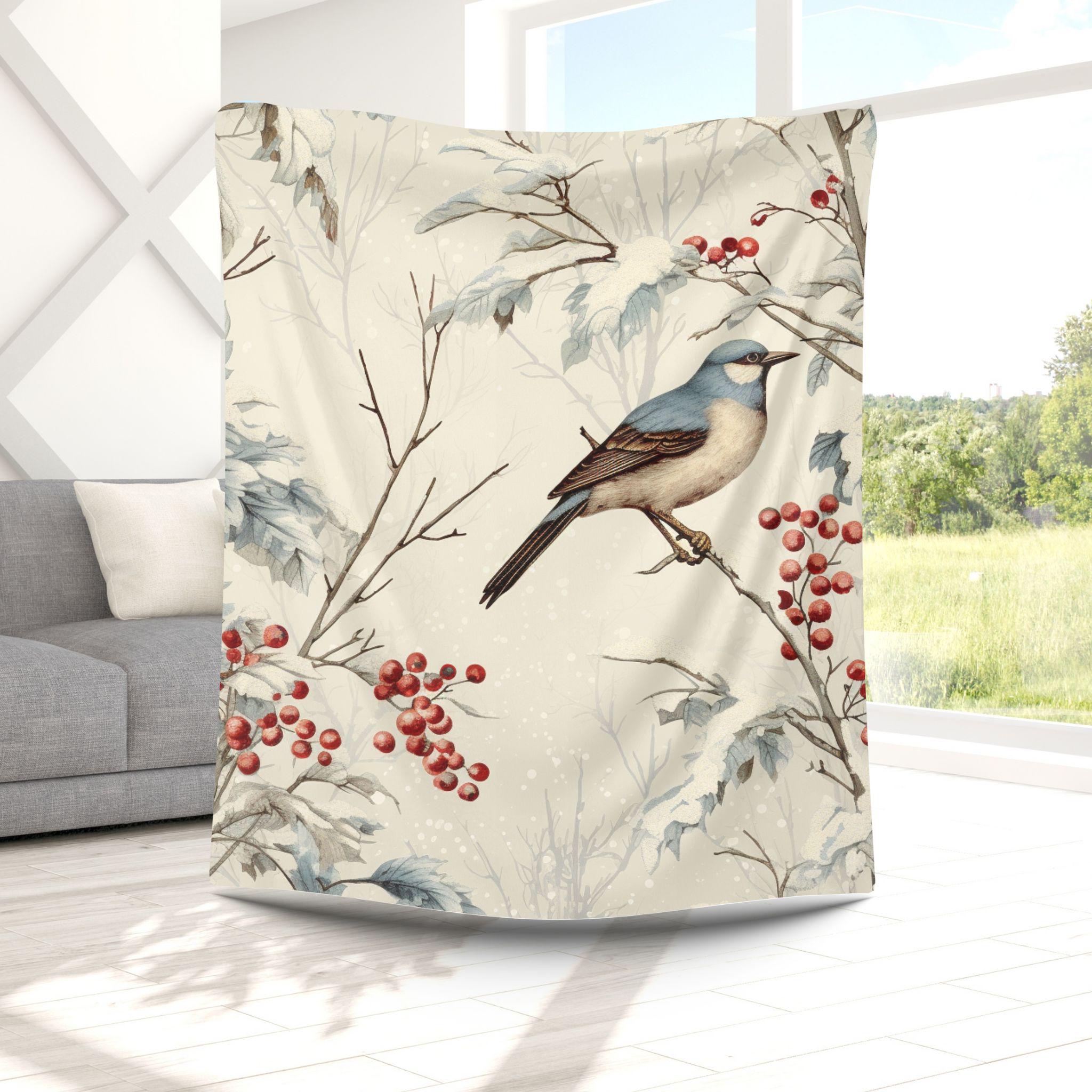 Bird & Berry Velveteen Plush Blanket: Cozy Winter Throw - Etsy