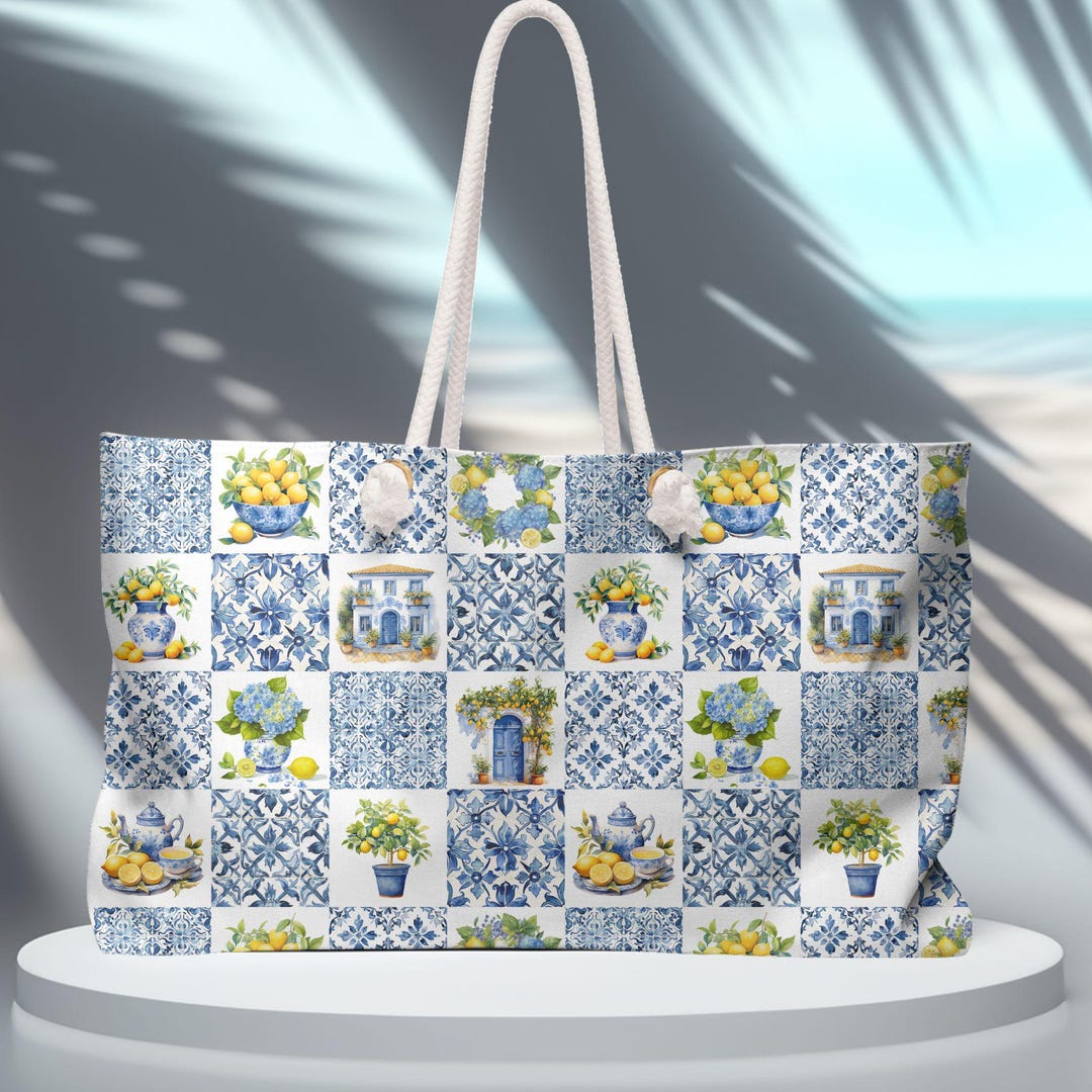 Weekender Tote Bag · Mediterranean Blue Tiles & Lemons · Coastal Travel ...
