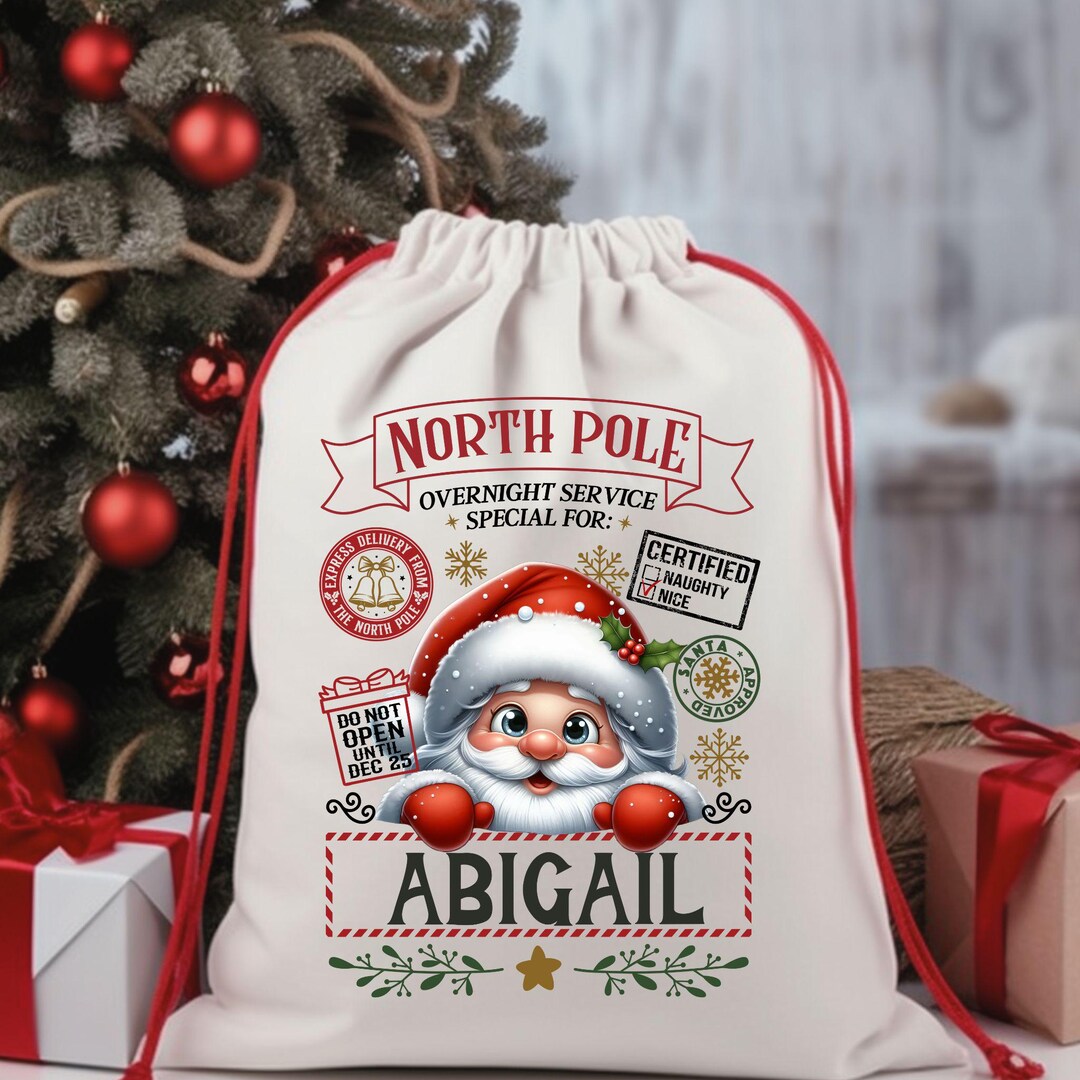 Santa Sac Gift Bag, Personalized Christmas Present Bag, Custom Name ...