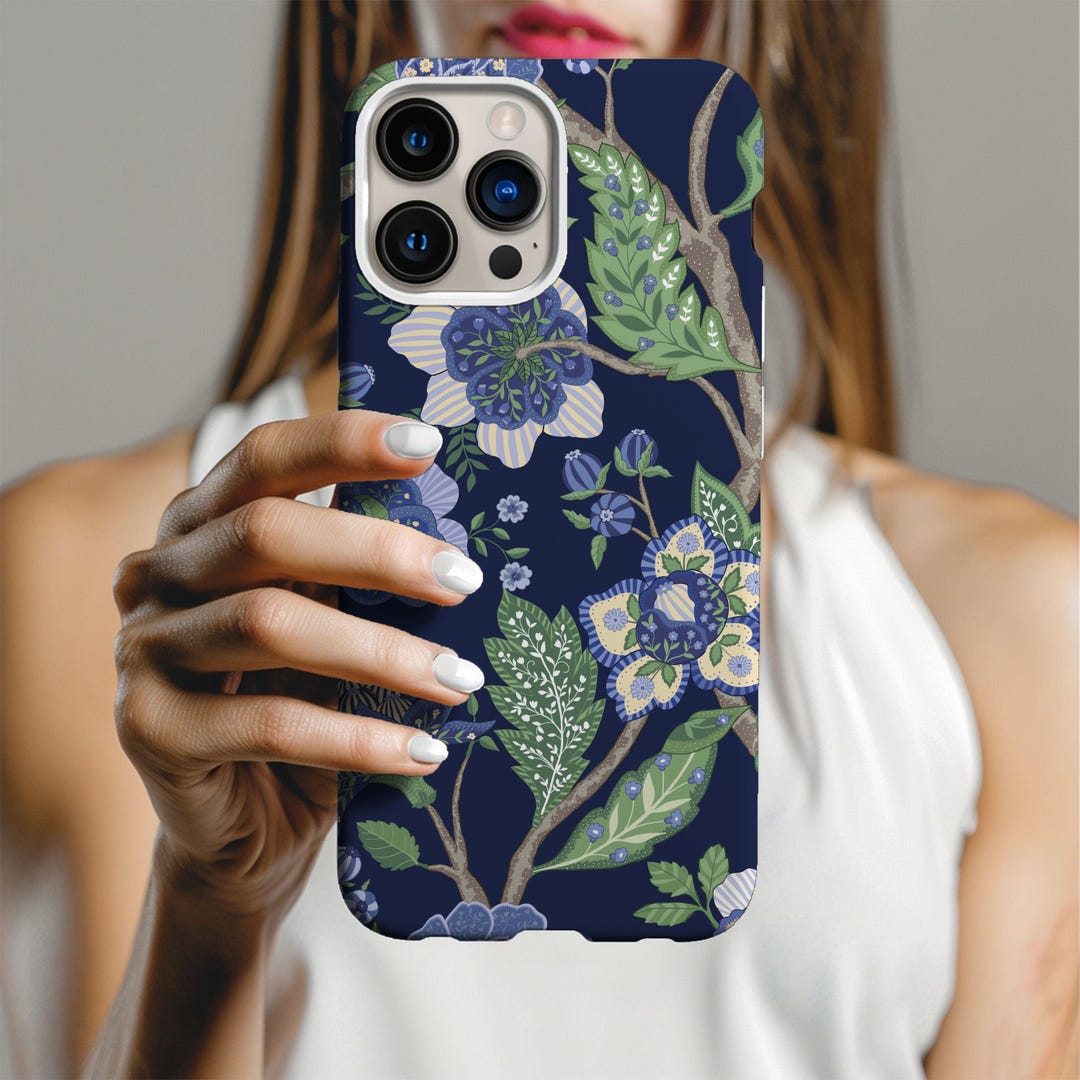 Floral Green and Blue Tough Phone Case for iPhone - Nature Cottagecore ...