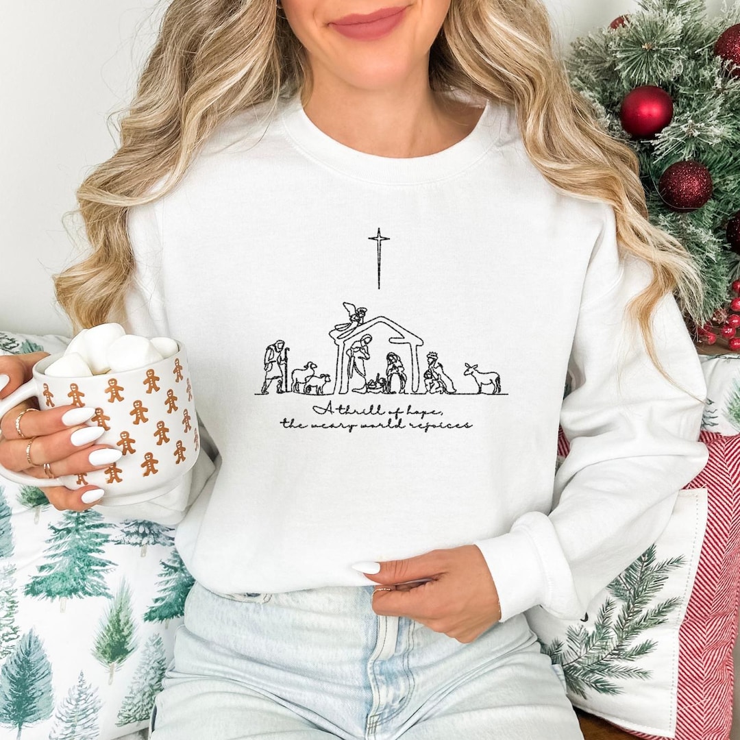 Christian Nativity Jumper Embroidered Baby Jesus Manger Scene Holiday ...