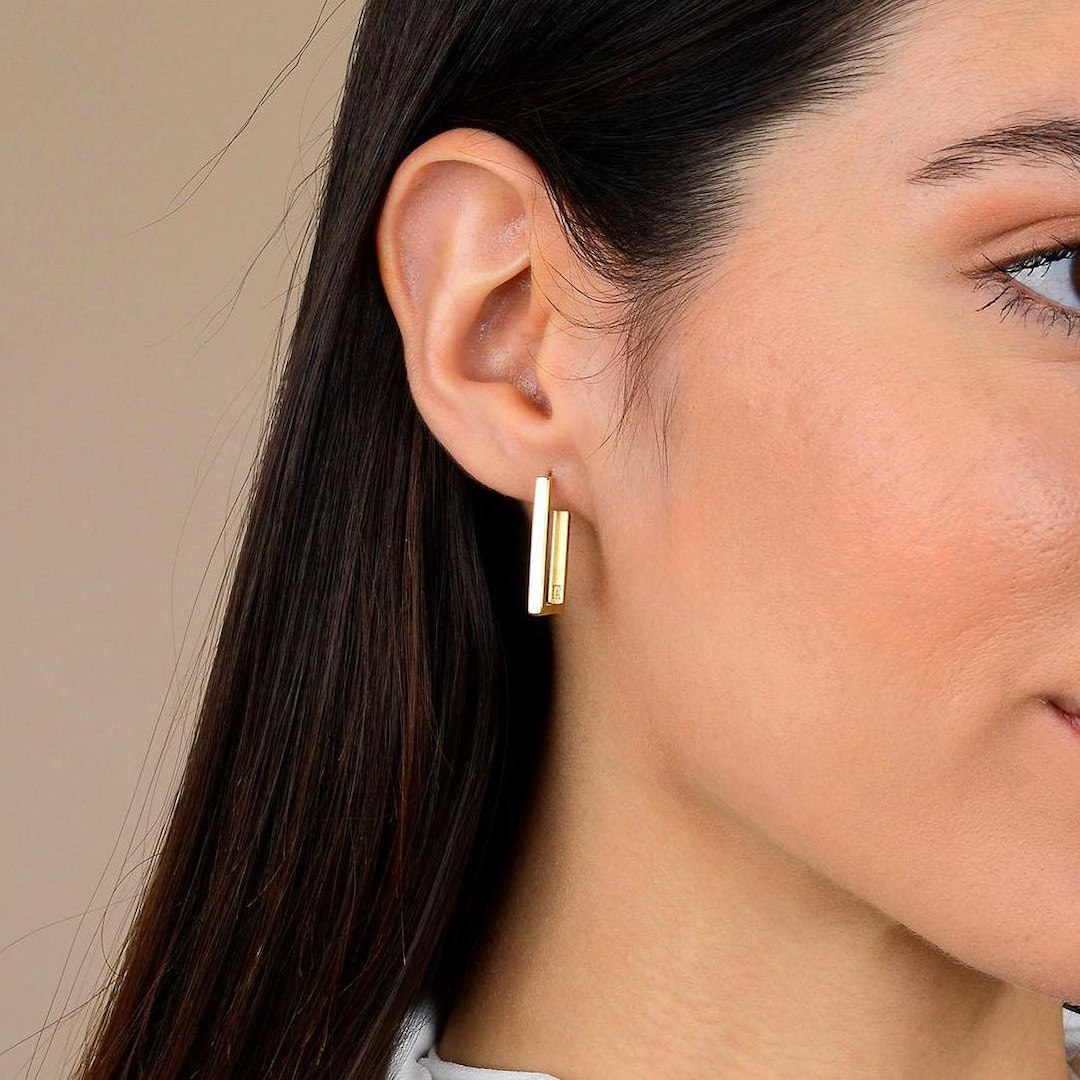 14K Solid Gold Rectangle Hoop Earrings Minimalist White and Rose Gold ...