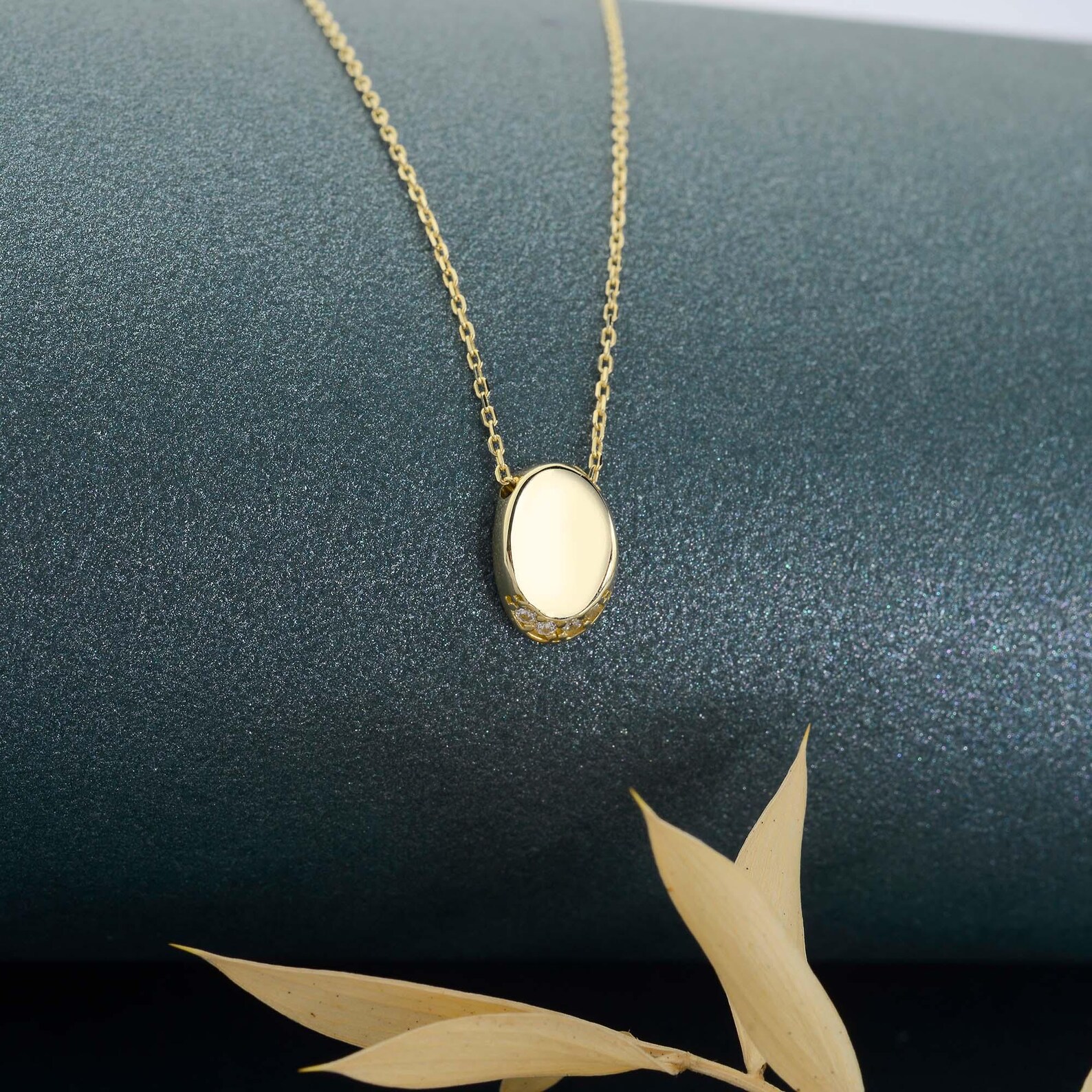 14K Solid Gold Tiny Oval Necklace - Dainty Gold Small CZ Pendant ...