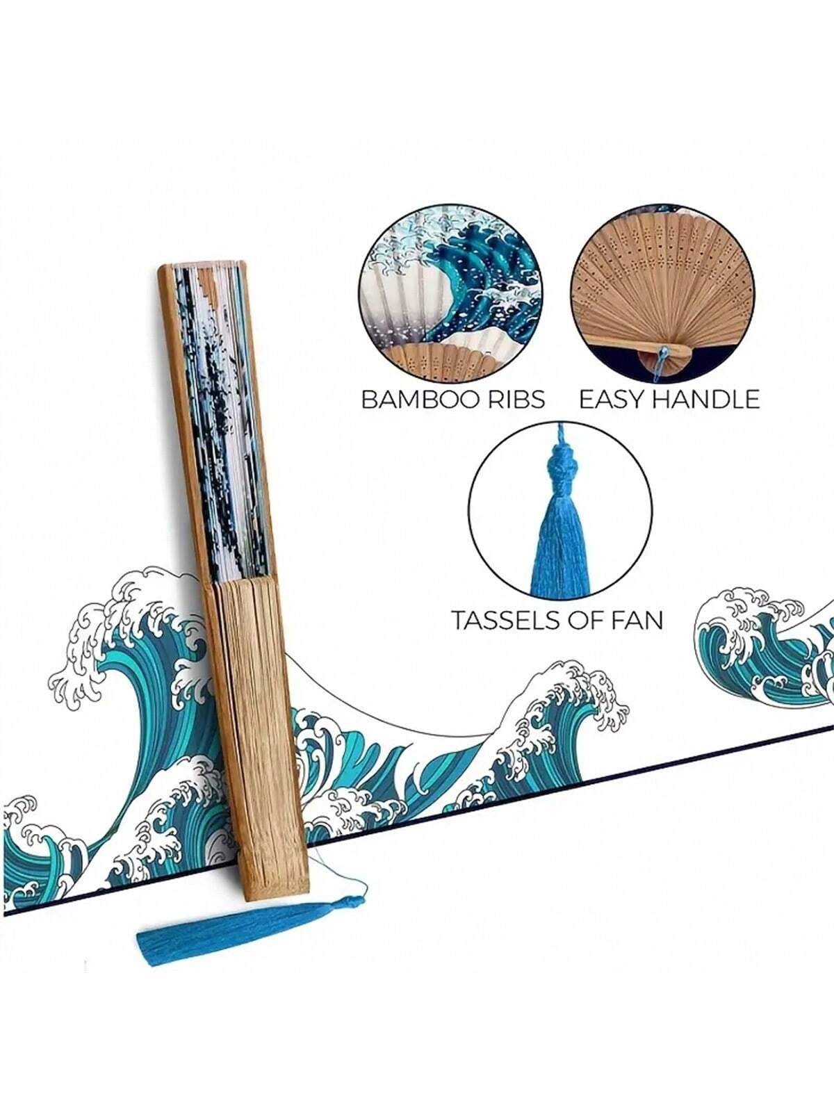 Japanese Folding Fan Handmade Decorative Kanagawa Wave Foldable Fan ...