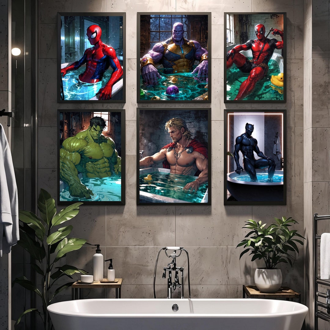 Marvel-inspired Bathroom Digital Art Set Thor, Black Panther, Deadpool ...