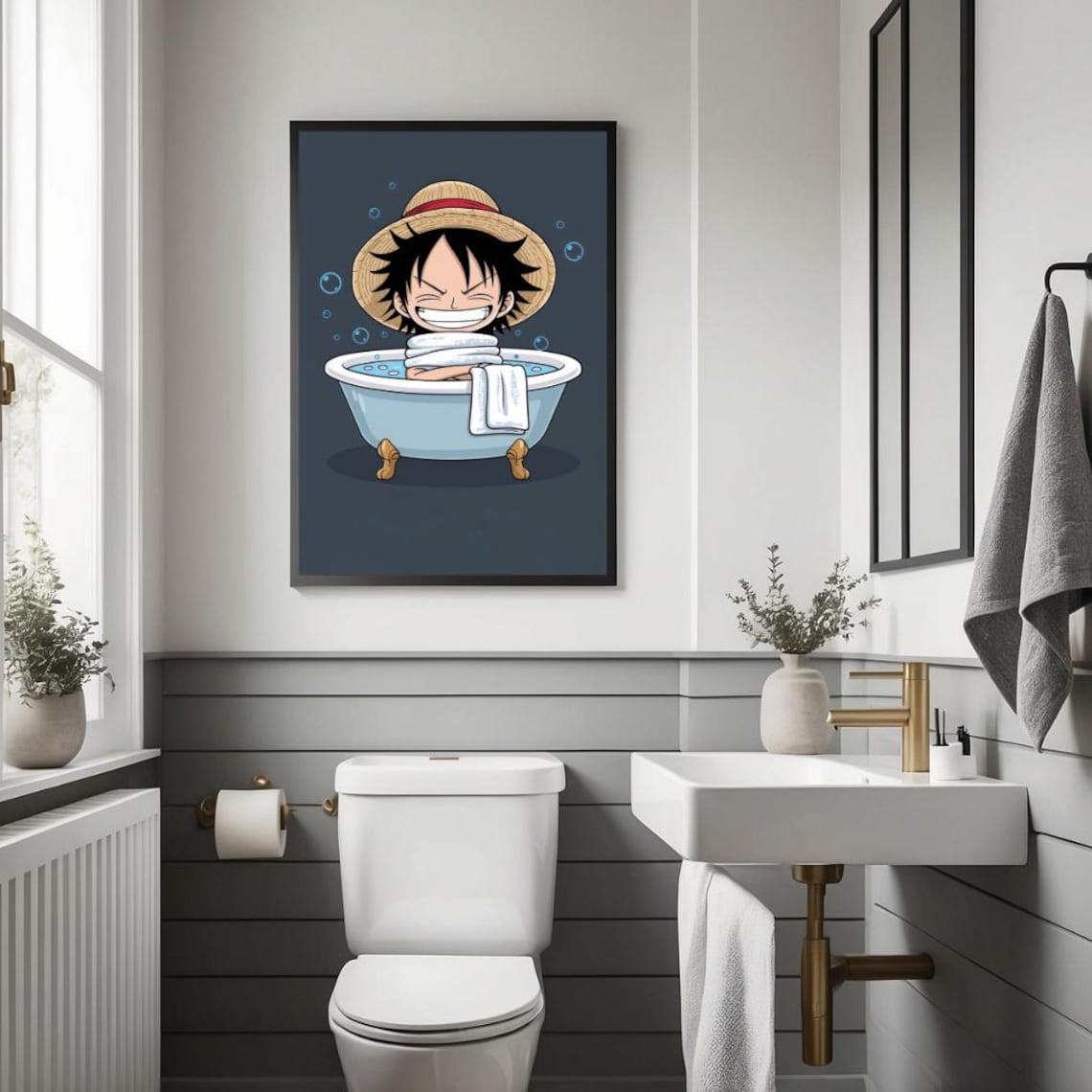 Luffy Minimalist Bathtub Art, Funny Bathroom Decor, One Piece Wall Art ...