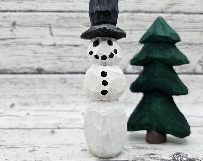 Hand Carved Snowman and Fir Tree Set, Whittled Winter Decor, Wood ...
