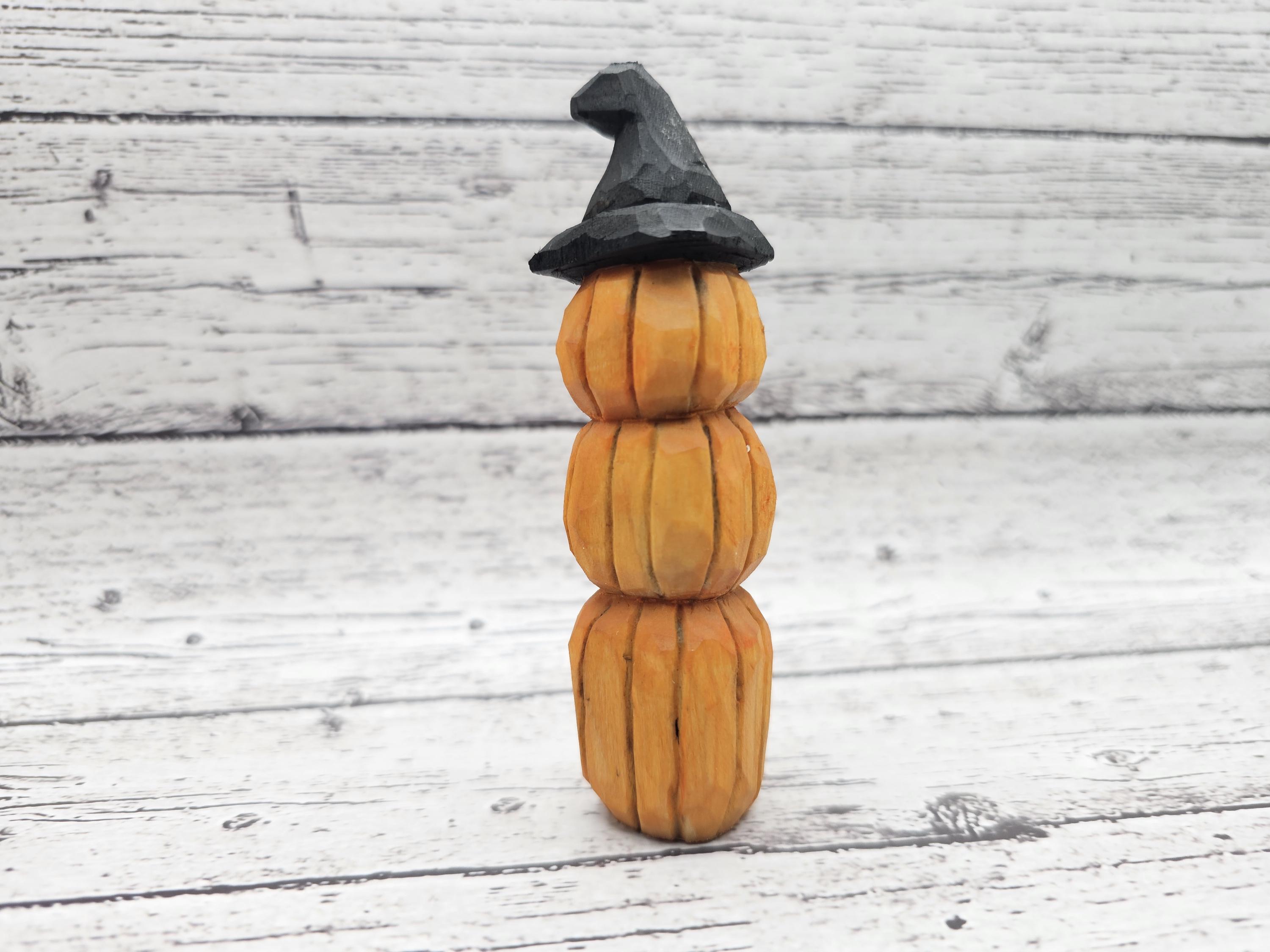 Hand Carved Wooden Stack of Jack-o-lanterns, Whittled Pumpkins Display ...