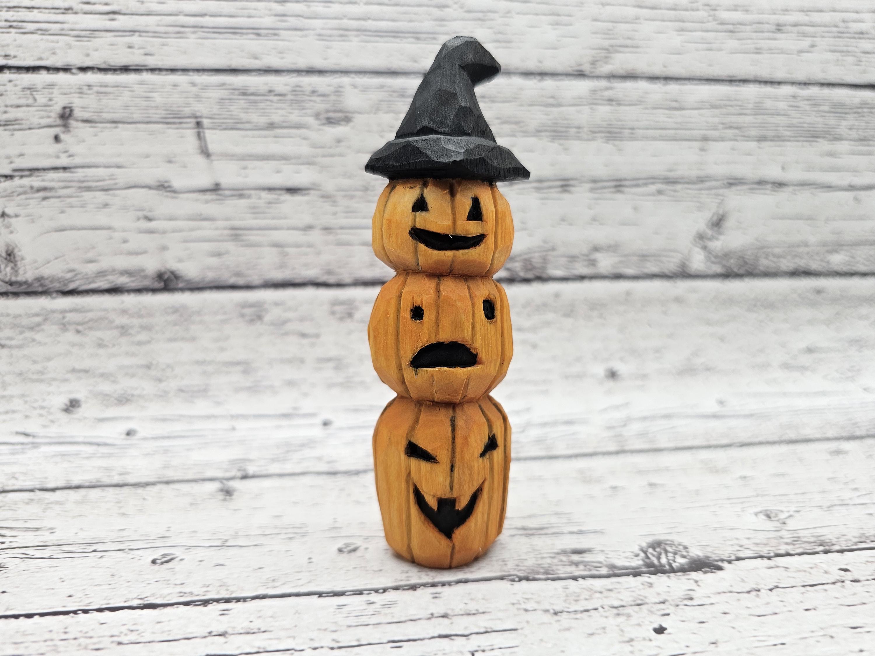 Hand Carved Wooden Stack of Jack-o-lanterns, Whittled Pumpkins Display ...
