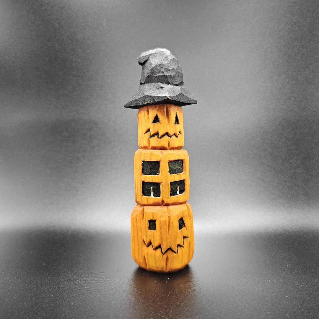 Hand Carved Wooden Stack of Jack-o-lanterns, Whittled Pumpkins Display ...