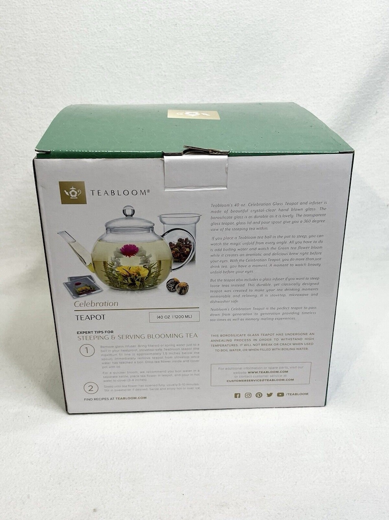 Teabloom Celebration 40 Oz Glass Teapot Loose Tea Infuser 2 Tea Flowers ...