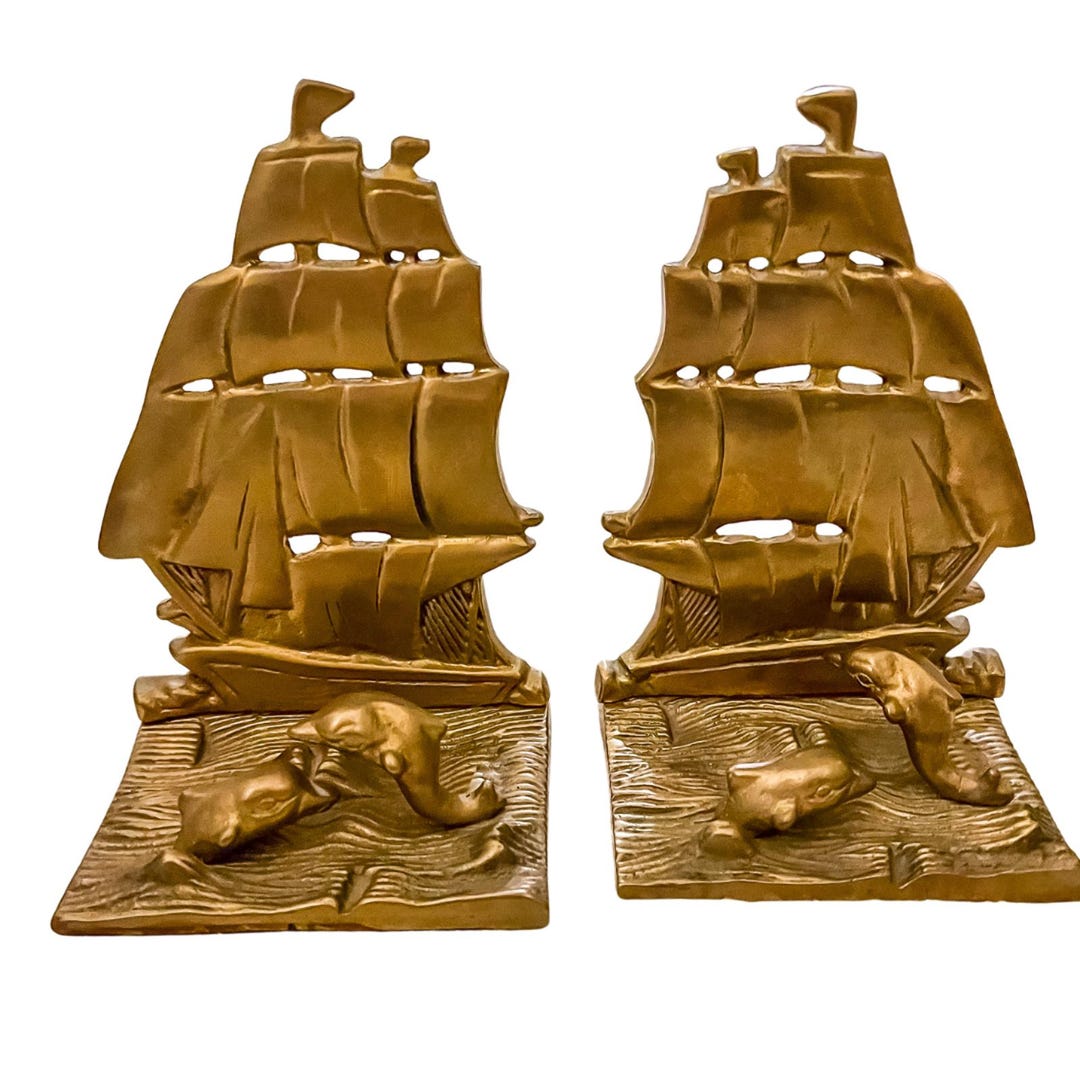 Solid Brass Bookends Sailboat Ship With Waves and Dolphins Vintage 6in ...