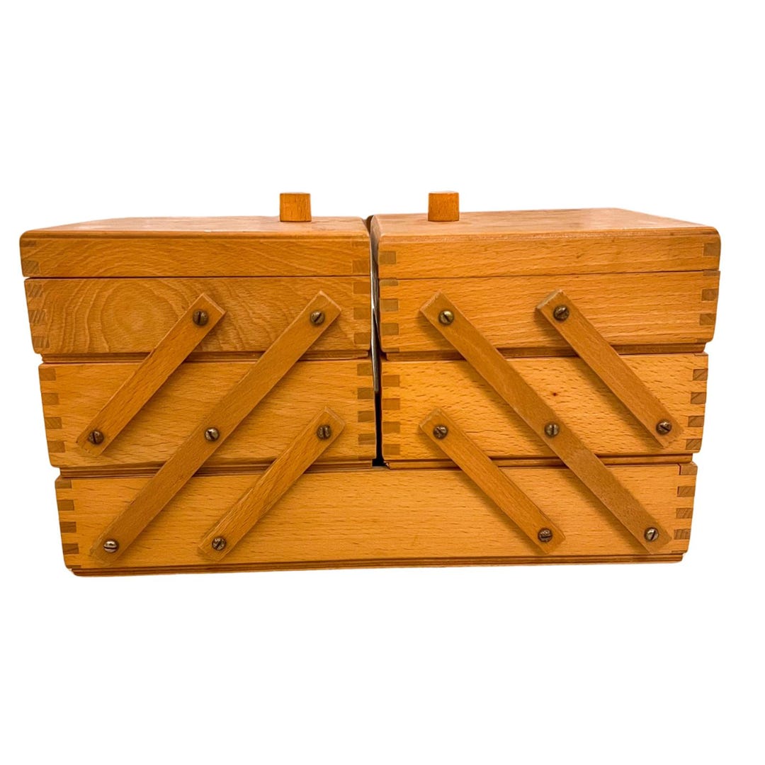 Vintage Wooden Accordion Fold Out Sewing Box Storage Organizer MCM ...