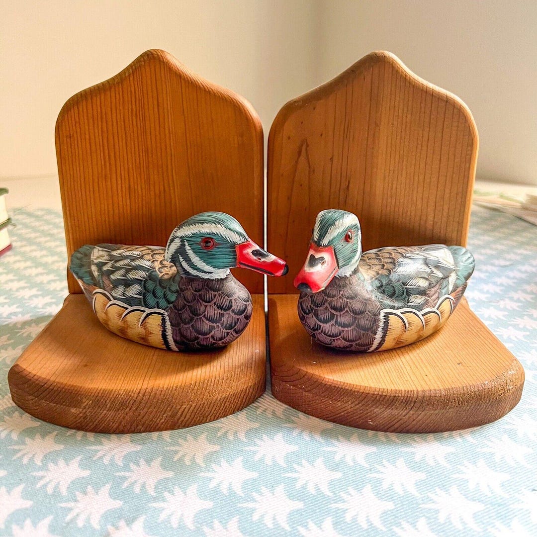 PAIR Vintage Wooden Duck Mallard Book End Hand Painted Library Office ...