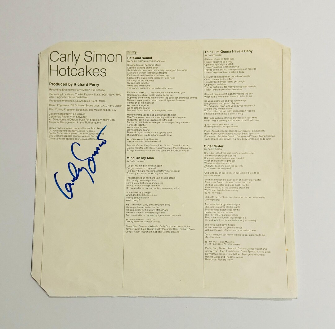 Carly Simon Autographed Vinyl Inner Pouch With COA - Etsy