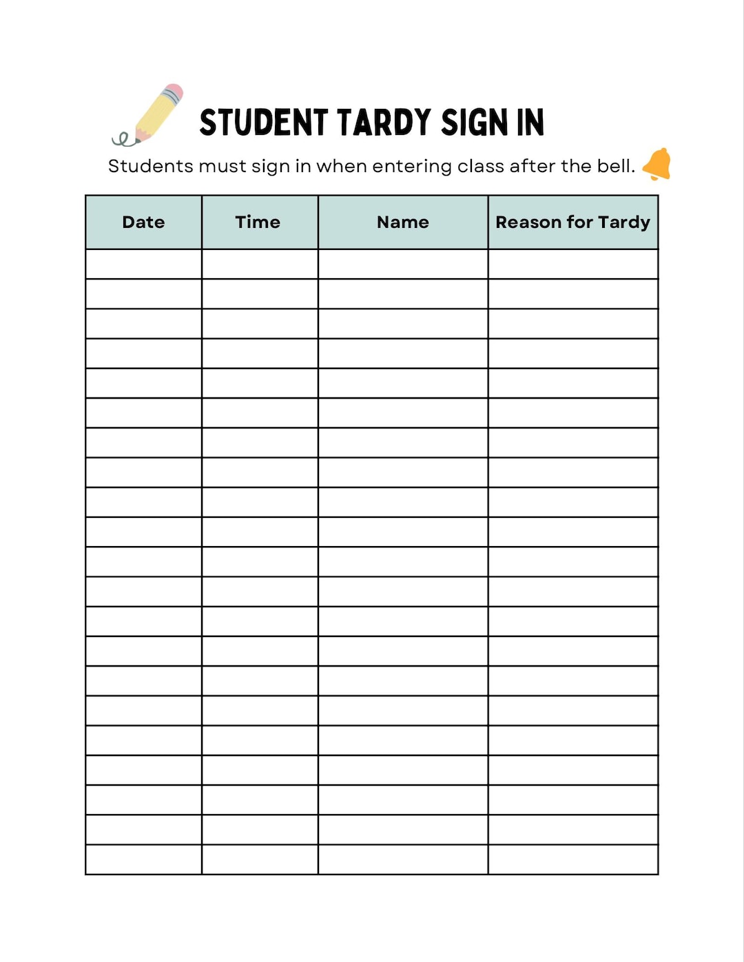 Student Tardy Sign in Teacher Late for Class Sheet - Etsy