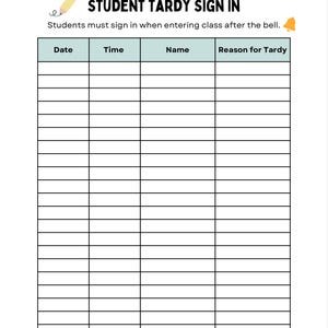 Student Tardy Sign in Teacher Late for Class Sheet - Etsy