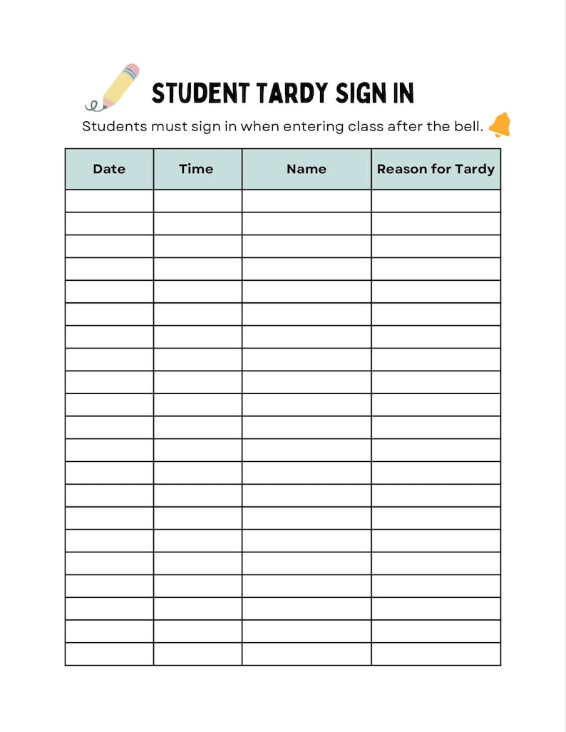 Student Tardy Sign in Teacher Late for Class Sheet - Etsy