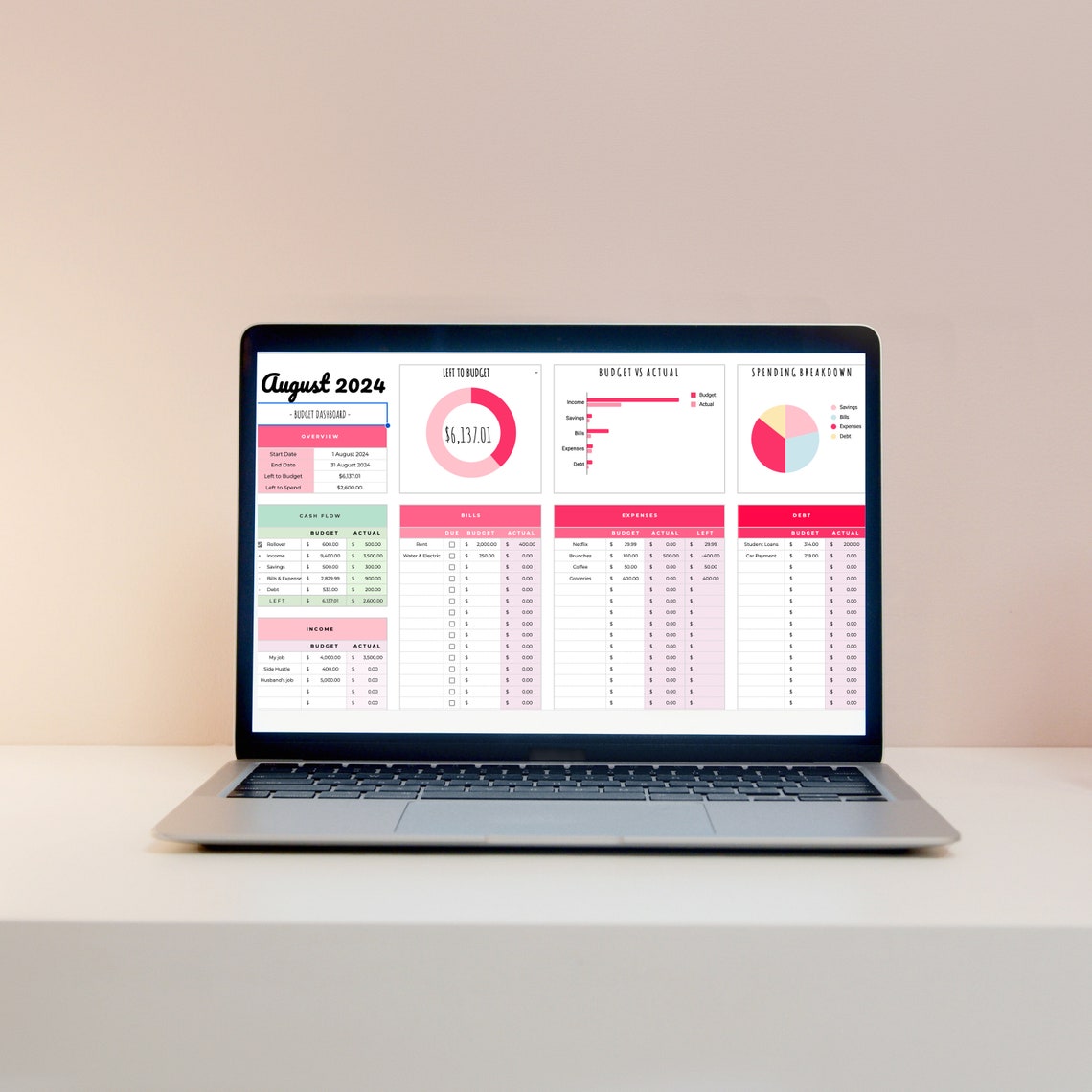 PINK Simple Google Sheets Budget Planner, Monthly Budget Spreadsheet ...