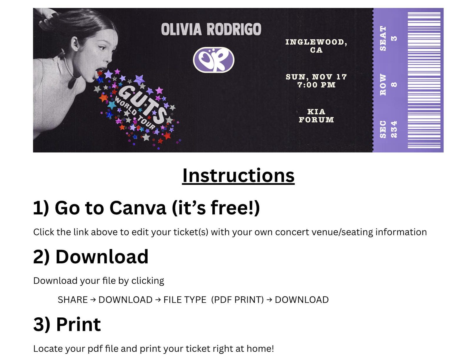 Olivia Rodrigo GUTS World Tour Concert Ticket Customizable [download ...