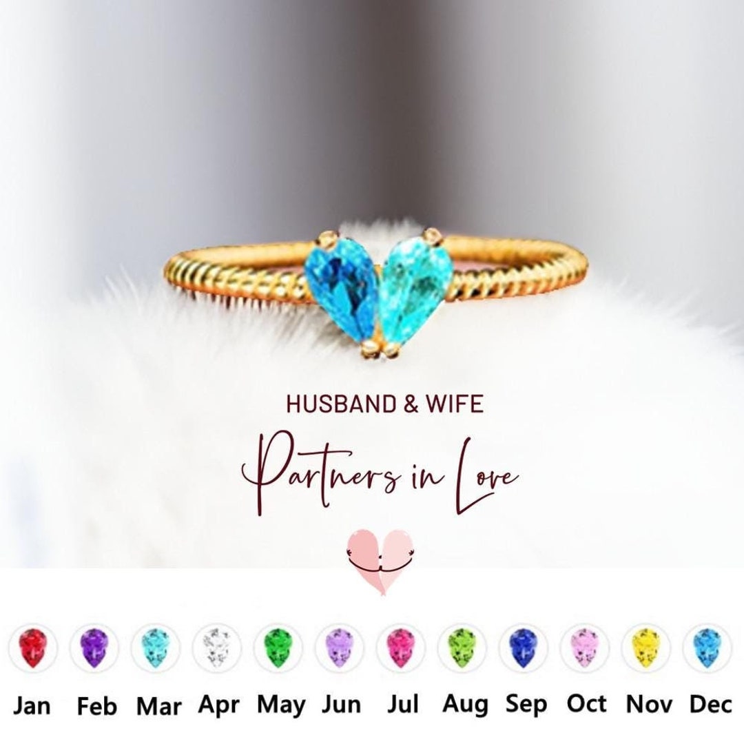 Partners in Love Heart Ring, Personalized Birthstone Ring, Anniversary ...