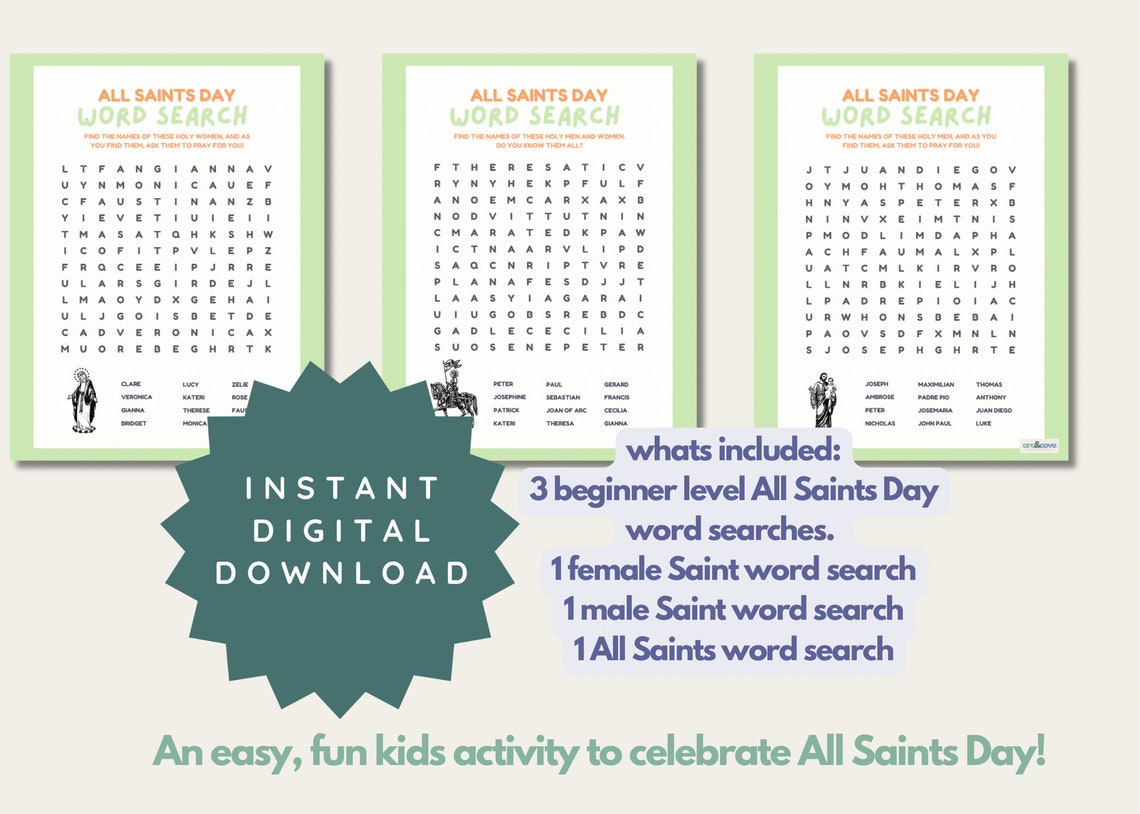 All Saints Day Word Search for Kids, All Saints Day Game Activity, Kids ...
