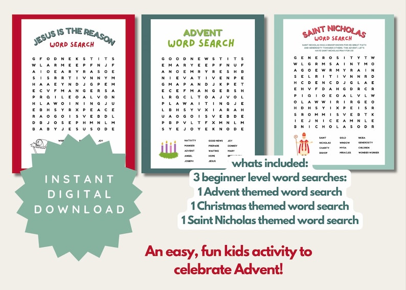 Advent Word Search for Kids, Advent Game Activity, Kids Advent Game ...