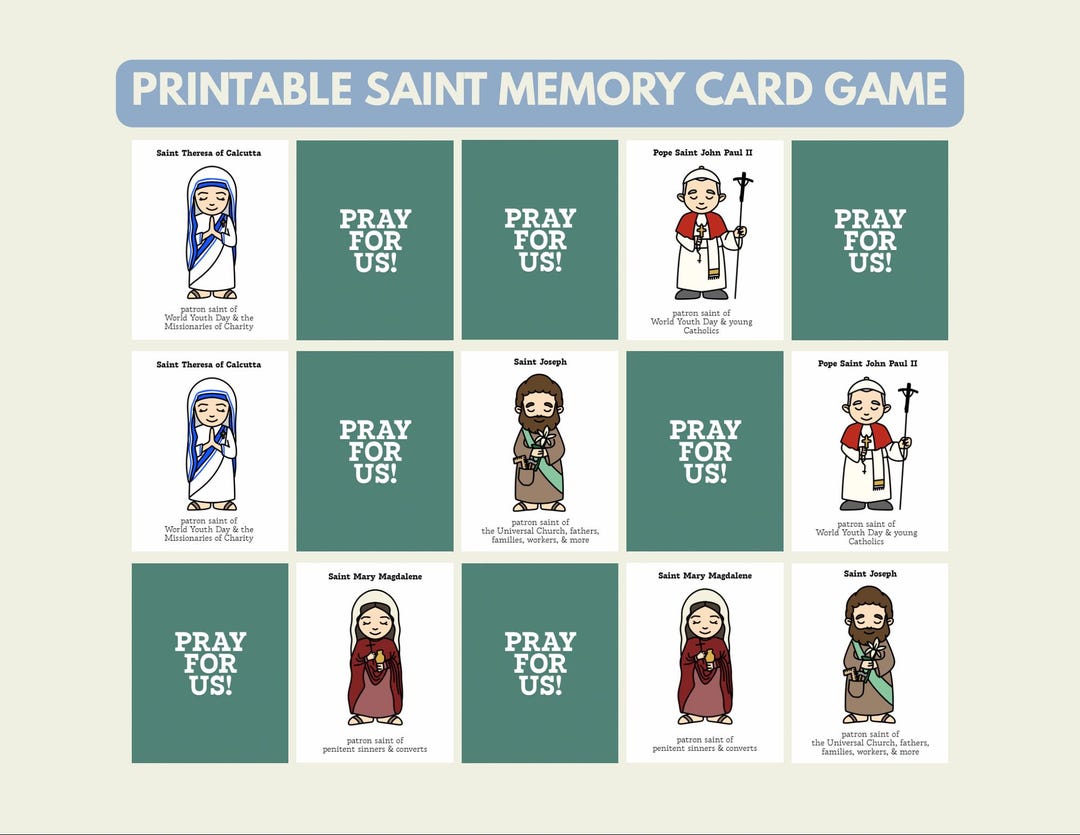 Catholic Kidsprintable Memory Card Game, All Saints Day Activity Game ...