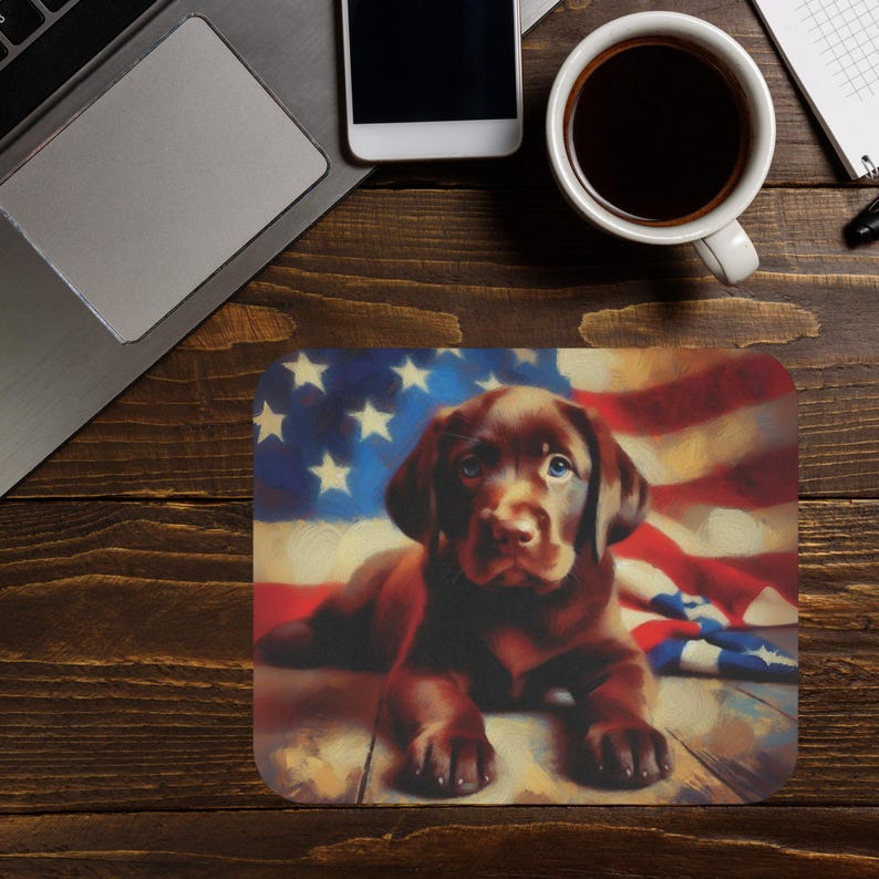 Mouse Pad, Puppy With American Flag Background, Desk Accessories, Office Decor, Pet Lover Gift ...