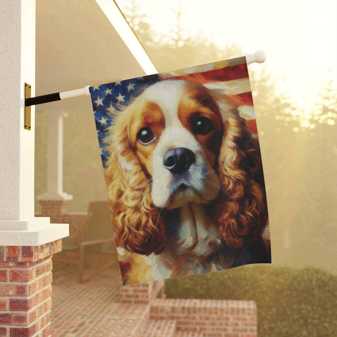 Cocker Spaniel With American Flag Background - Garden Banner, Pet Lover ...