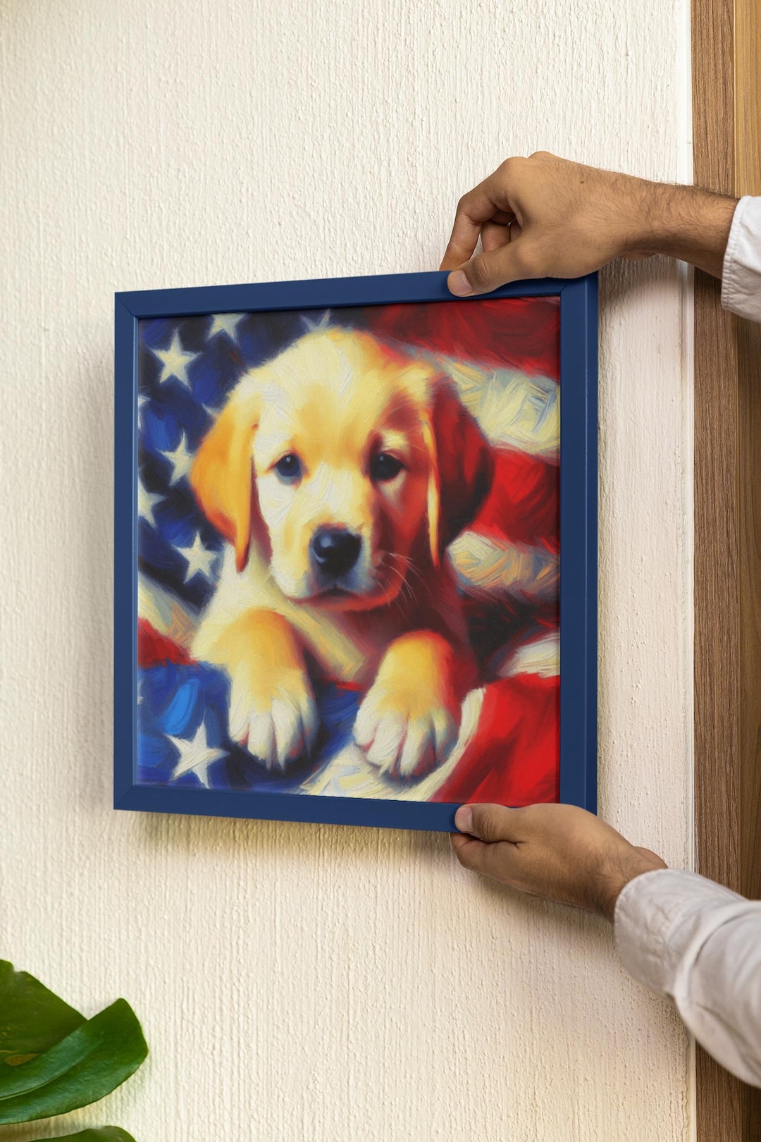 Yellow Labrador Retriever Puppy With American Flag Background, Matte ...