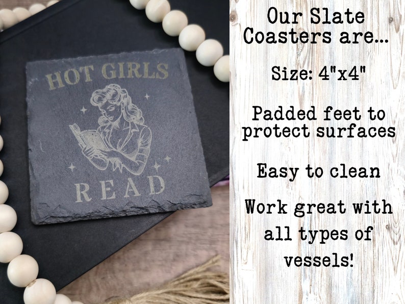 Hot Girls Read Slate Coaster, Gold Laser Engraved Gift for Book Lover ...
