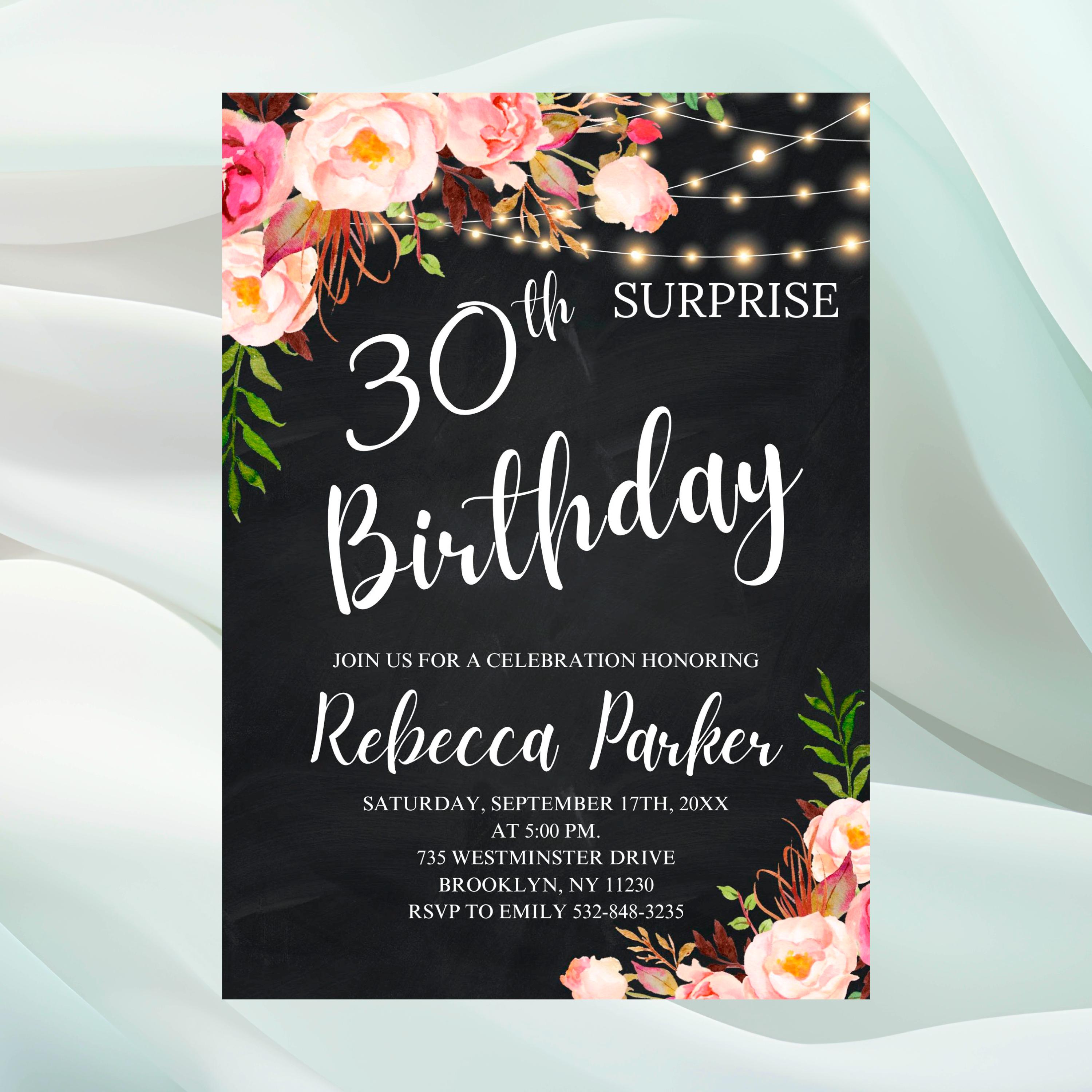 Editable 30th Birthday Invitation, Surprise Boho Floral Birthday ...