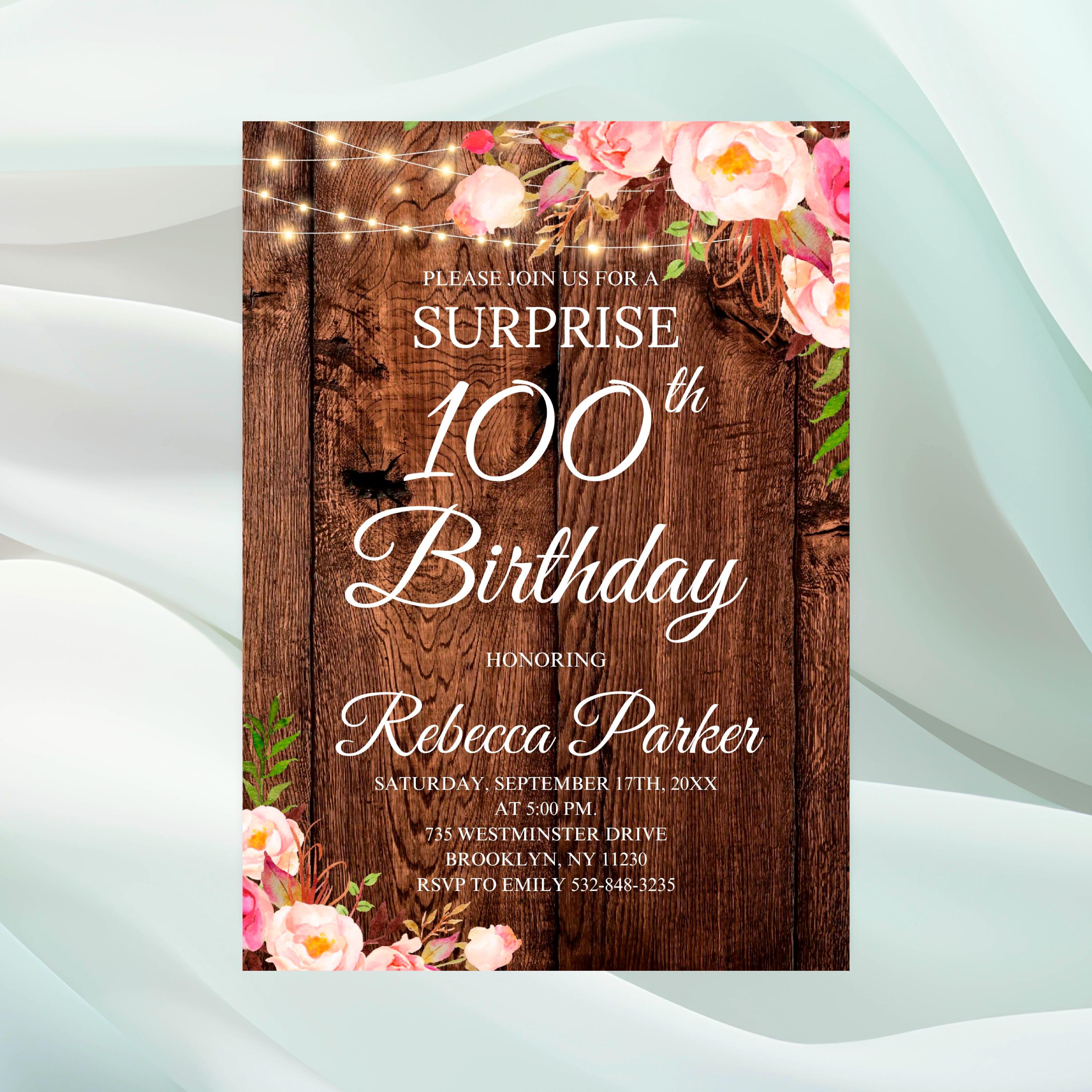 Editable 100th Birthday Invitation, Surprise Boho Floral Birthday ...