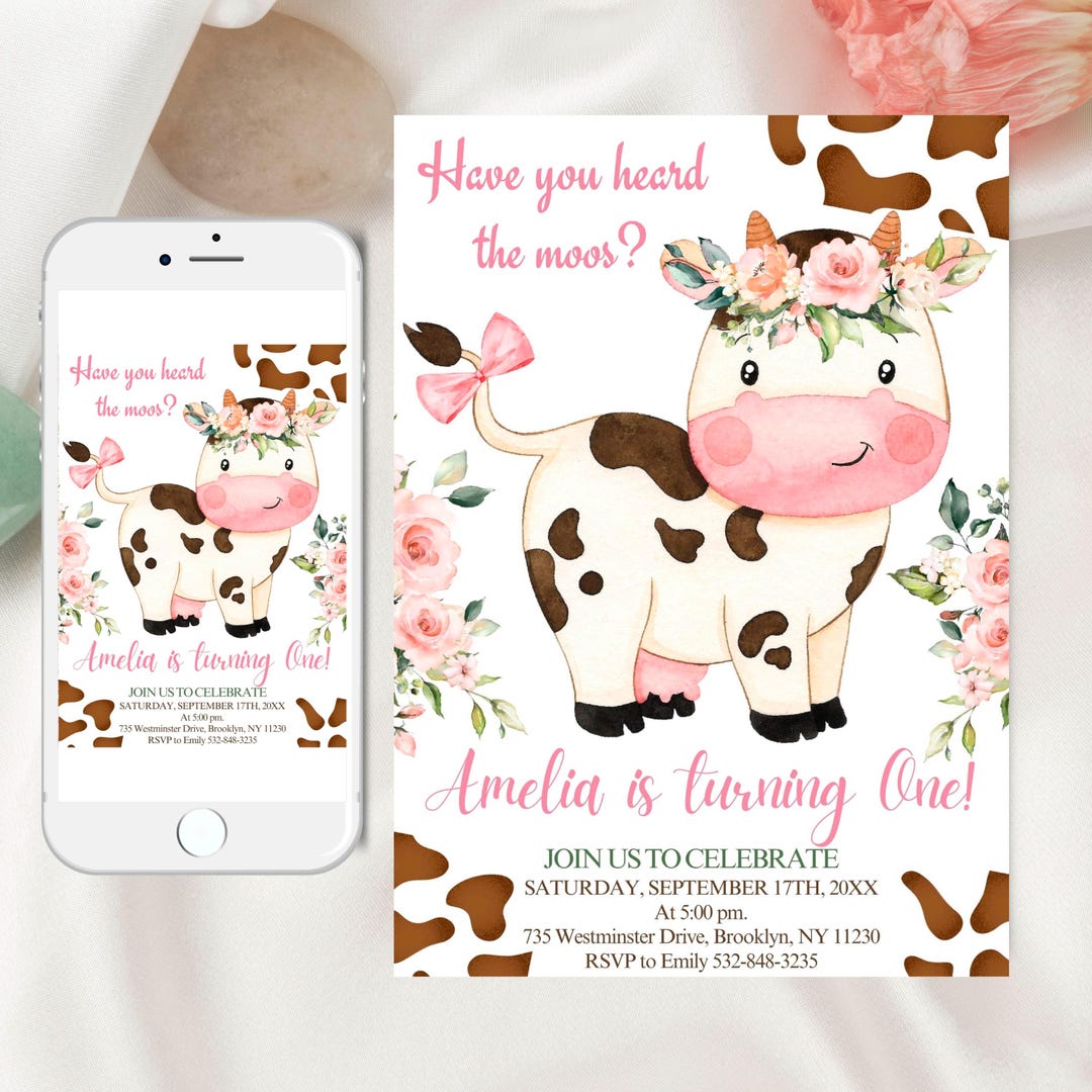 Pink Cow Birthday Invitation: Farm Girl Party, Editable Canva (digital ...