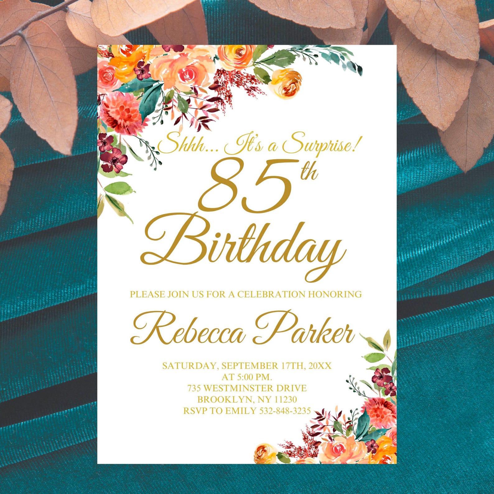 Editable 85th Birthday Party Invitation, Surprise Vintage Floral ...