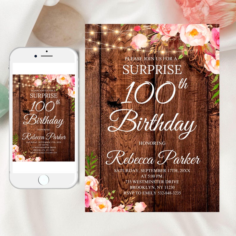 Editable 100th Birthday Invitation, Surprise Boho Floral Birthday ...
