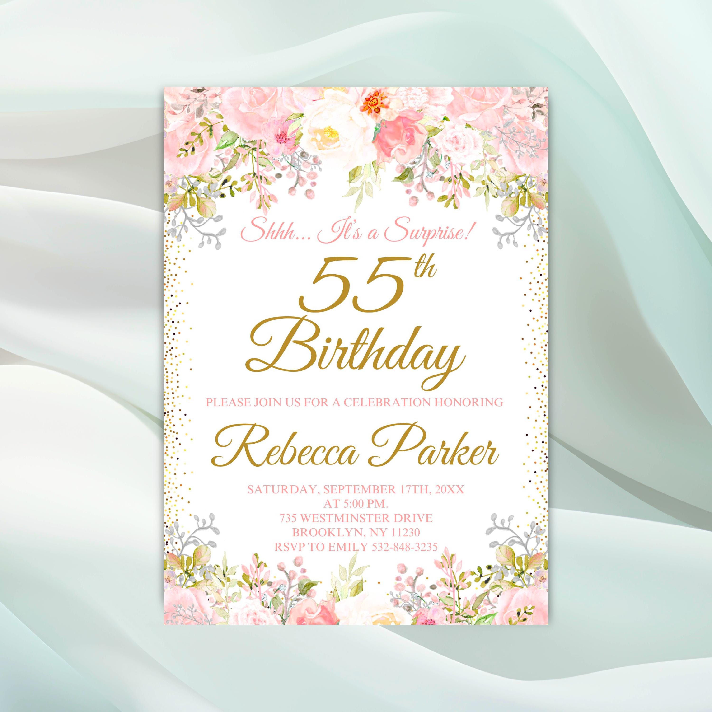 Editable 55th Birthday Invitation, Surprise Pink Floral Birthday ...