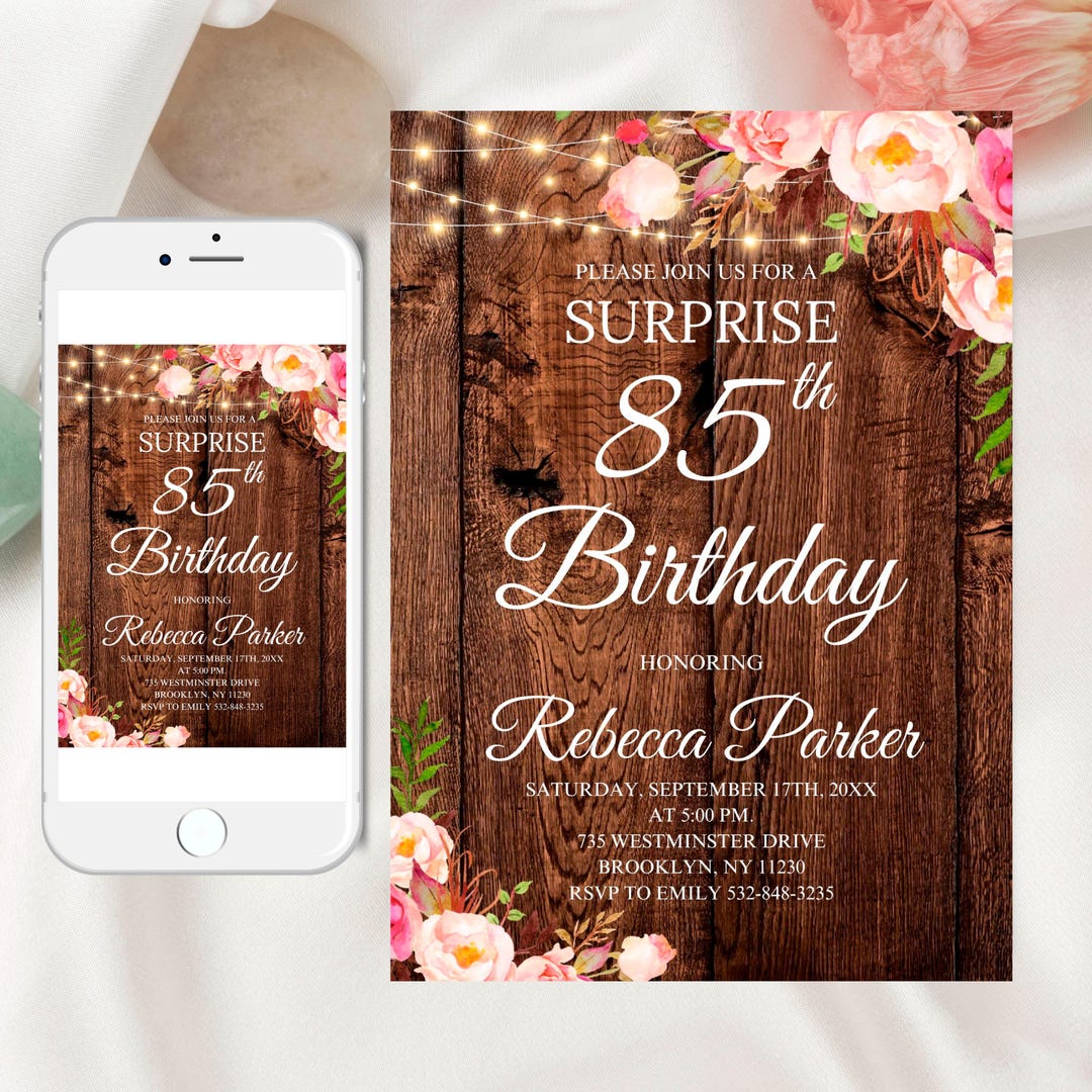 Editable 85th Birthday Invitation, Surprise Boho Floral Birthday ...