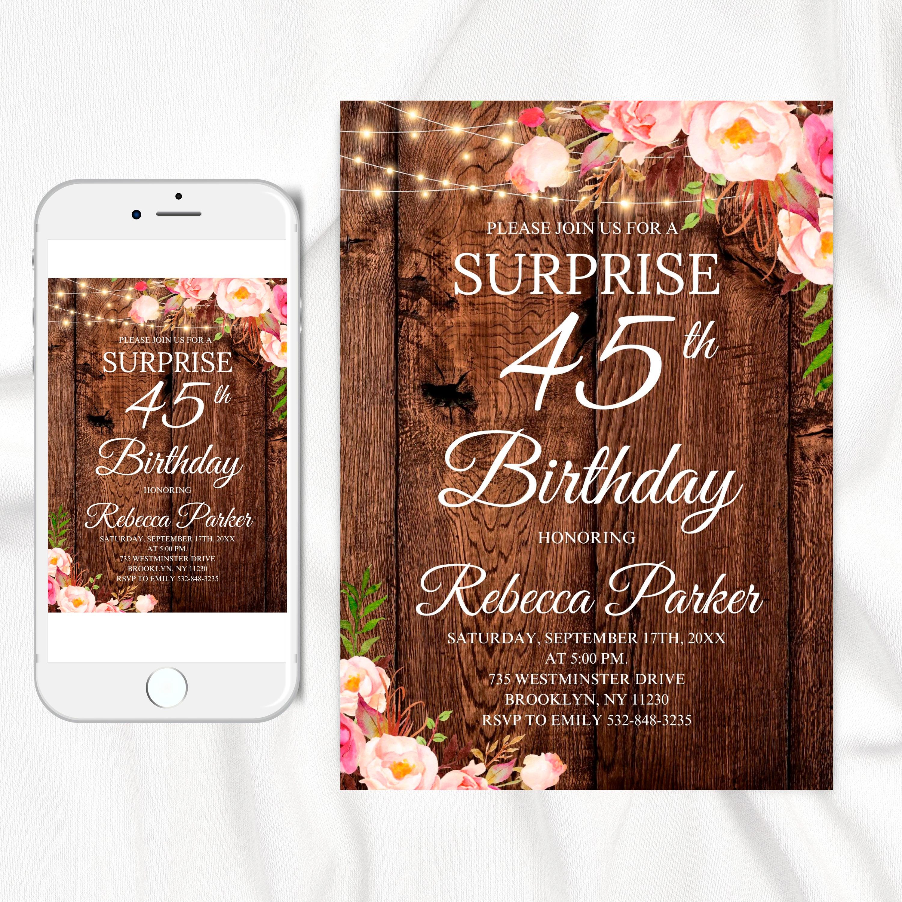 Editable 45th Birthday Invitation, Surprise Boho Floral Birthday ...
