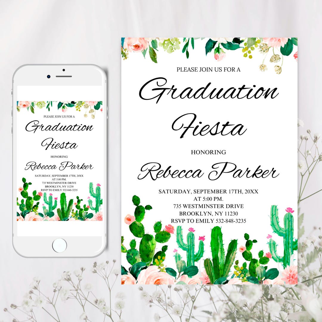 Editable Graduation Fiesta Invitation, Cactus Graduation Invite ...