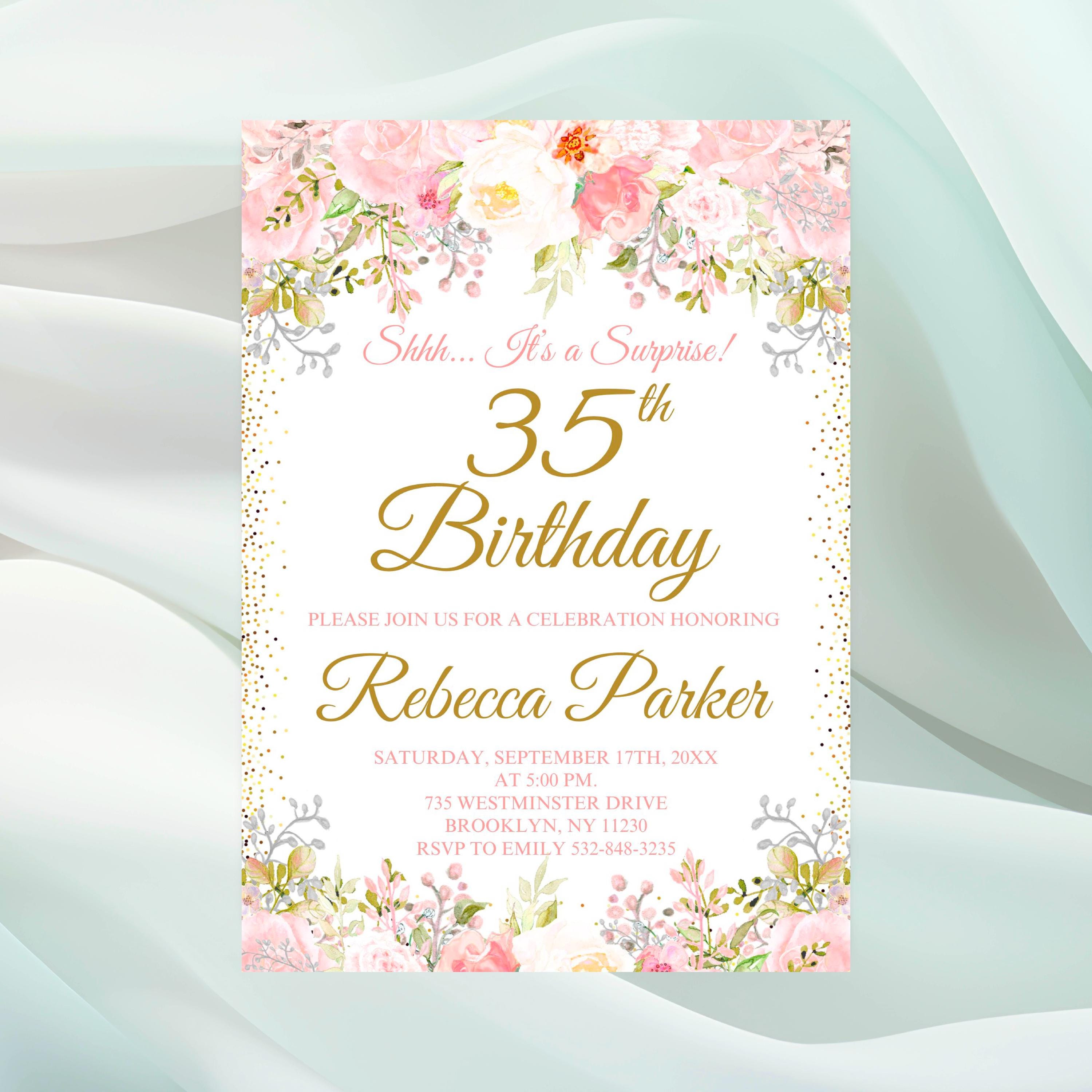 Editable 35th Birthday Invitation, Surprise Pink Floral Birthday ...