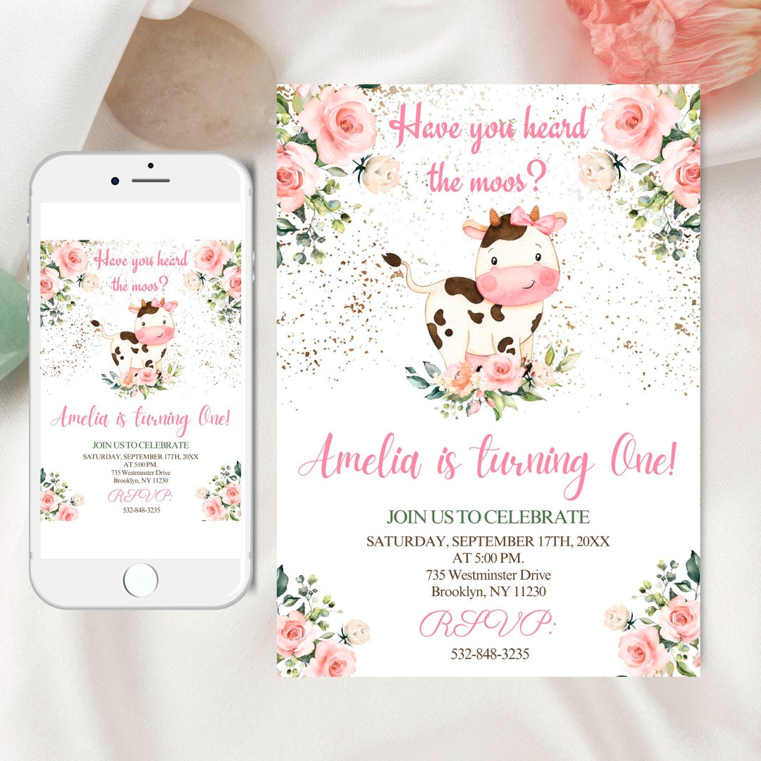 Editable Cow Birthday Party Invitation, Printable Cow Invite, Pink ...