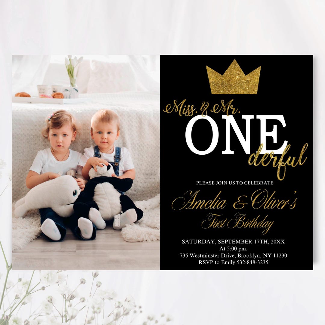 Editable Twins Onederful Invitation With Photo, Boy Girl Twins ...