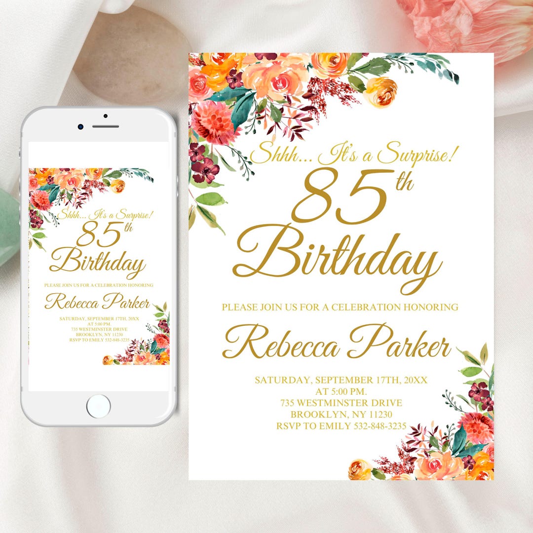 Editable 85th Birthday Party Invitation, Surprise Vintage Floral ...